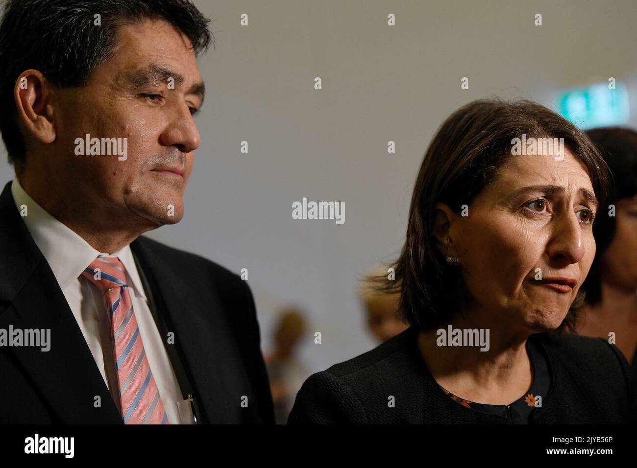 NSW acting Minister for Seniors Geoff Lee (left) Premier of NSW Gladys ...