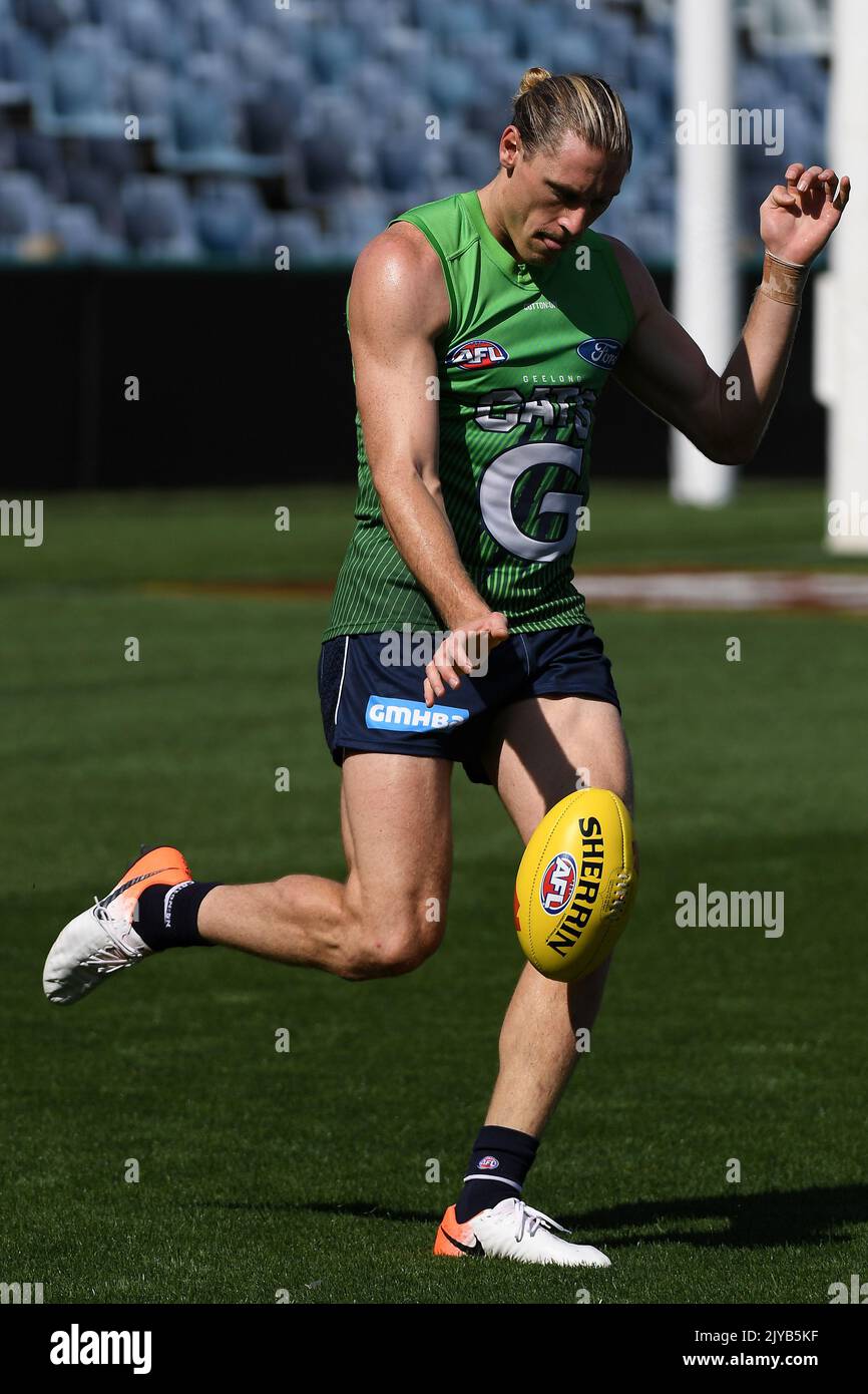 Rhys Stanley of Geelong is seen in action during a joint AFL training ...