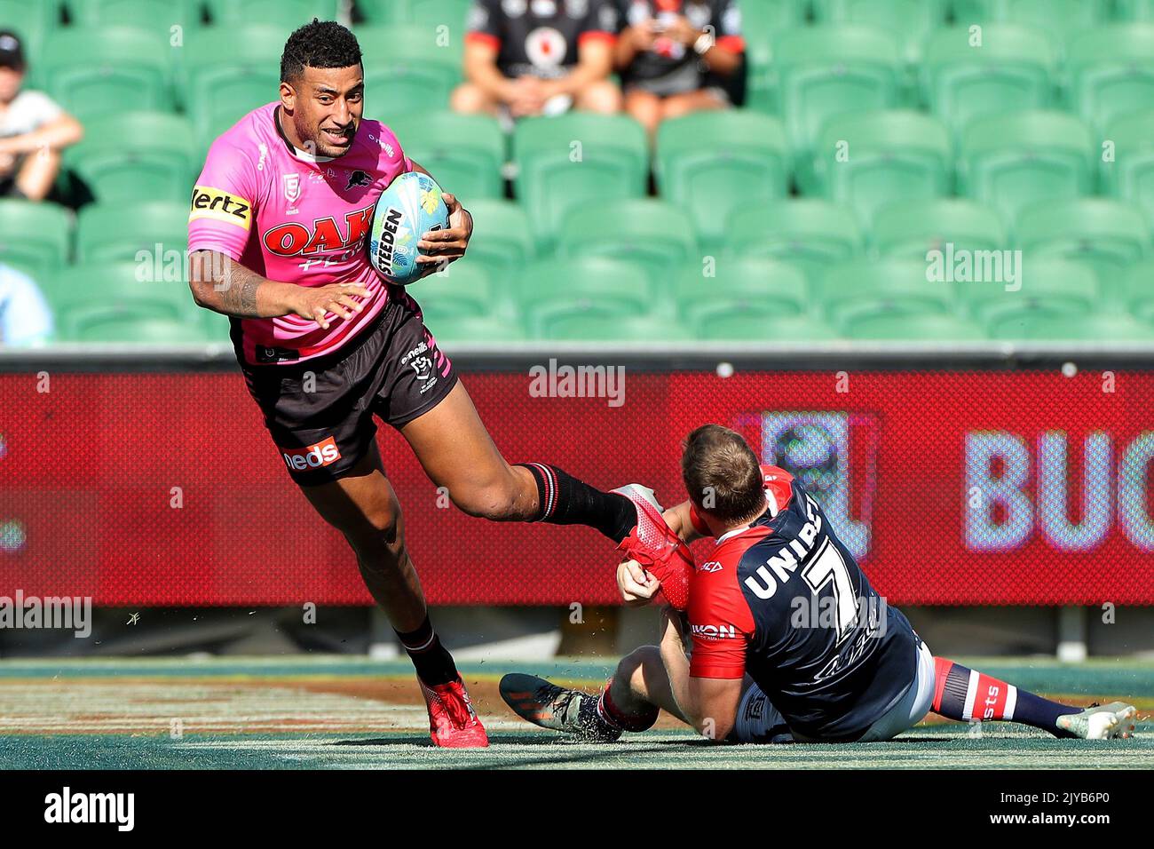 Viliame Kikau of the Panthers scores a try during the NRL Nines 2020 ...