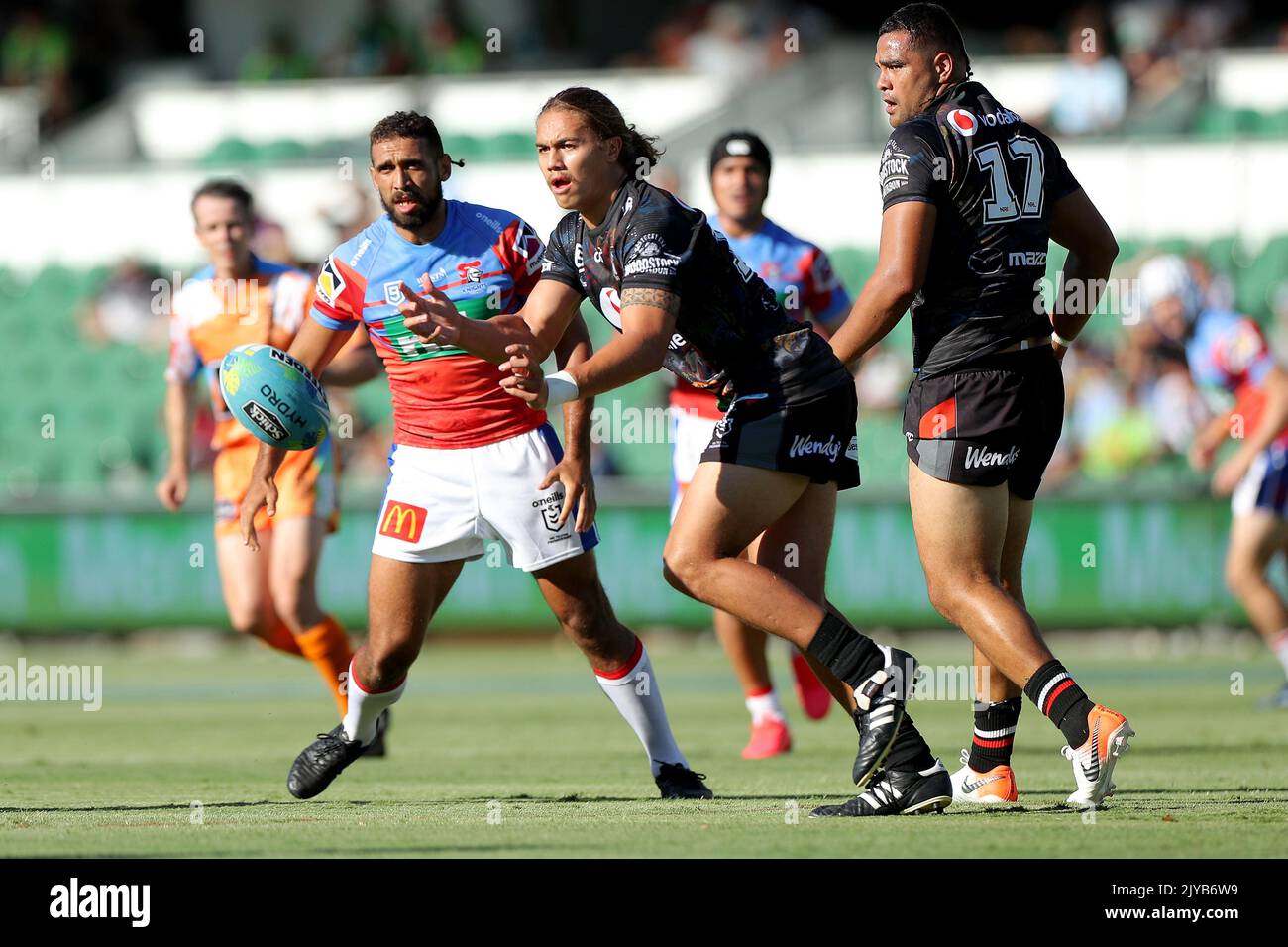 Chanel Harris-Tevita of the Warriors passes the ball during the NRL ...
