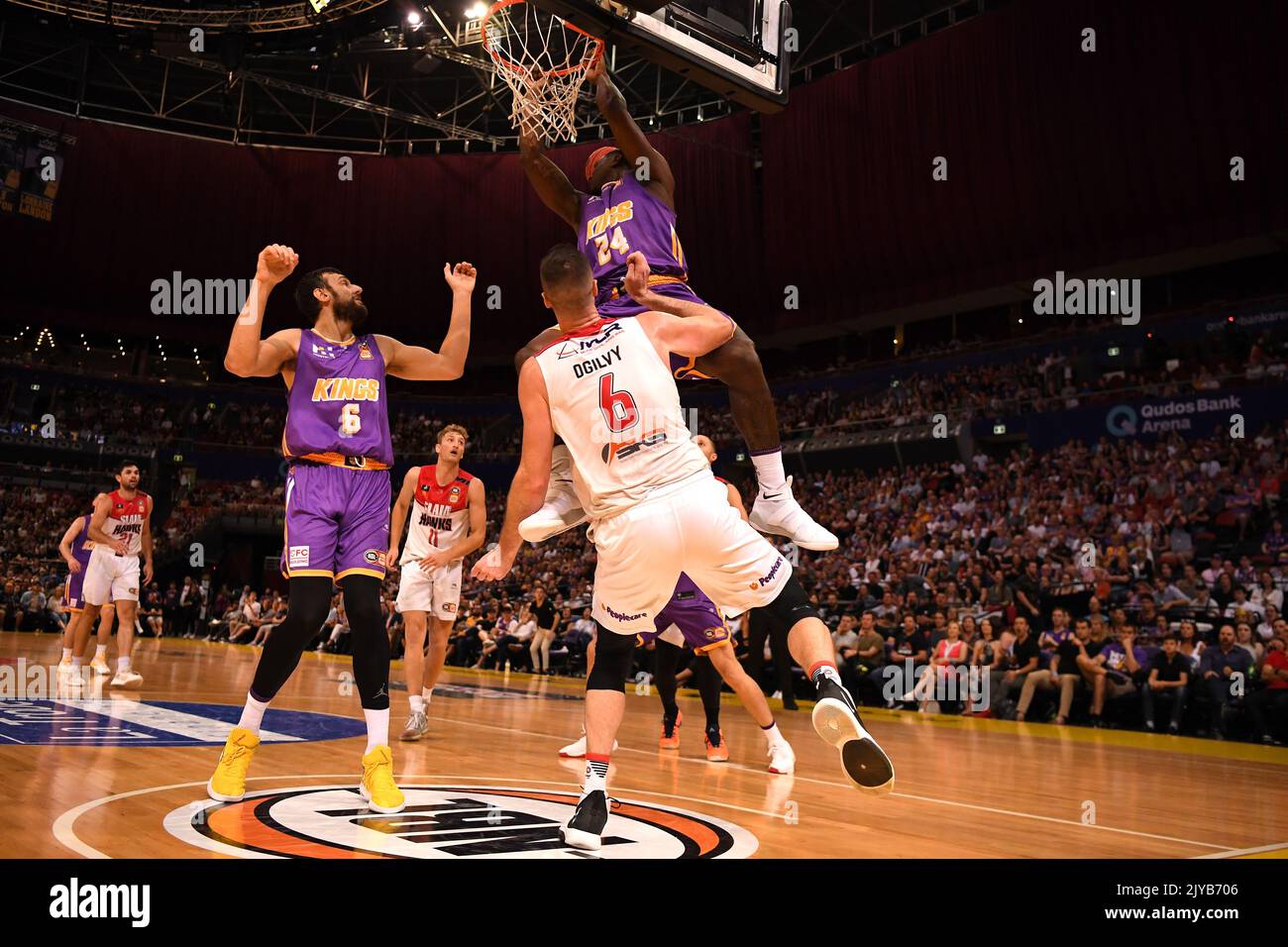 Jae'sean Tate of the Kings fowled by Andrew Ogilvy of the Hawks during ...