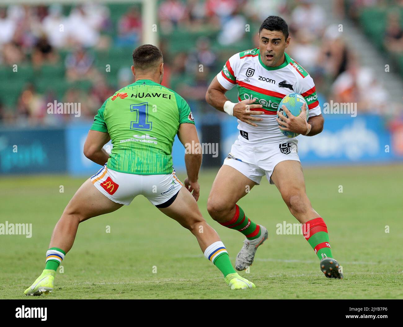 Bryson Goodwin of the Rabbitohs faces Harley Smith-Shields of the ...