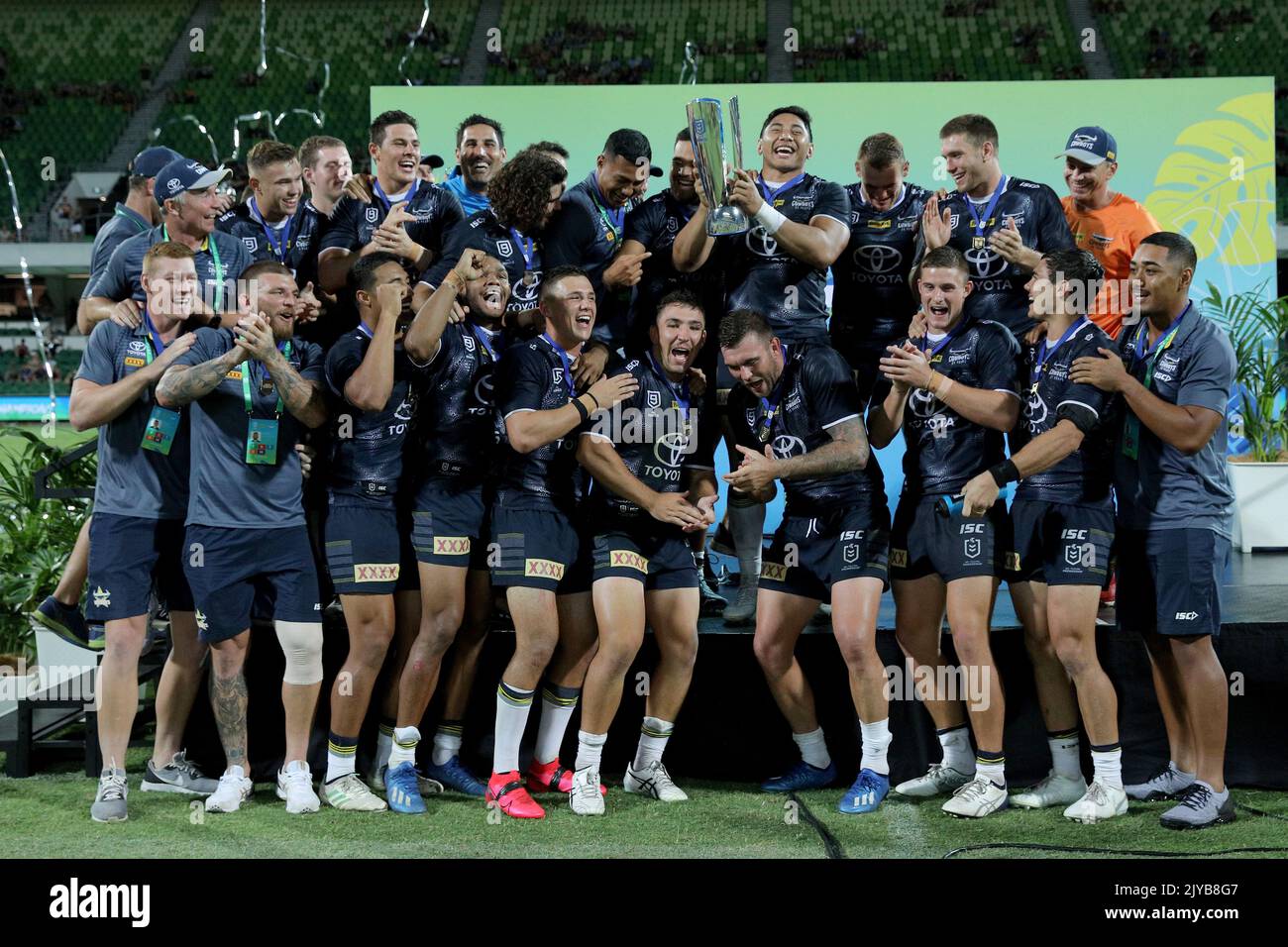 The Cowboys celebrate winning the NRL Nines 2020 tournament at HBF Park ...