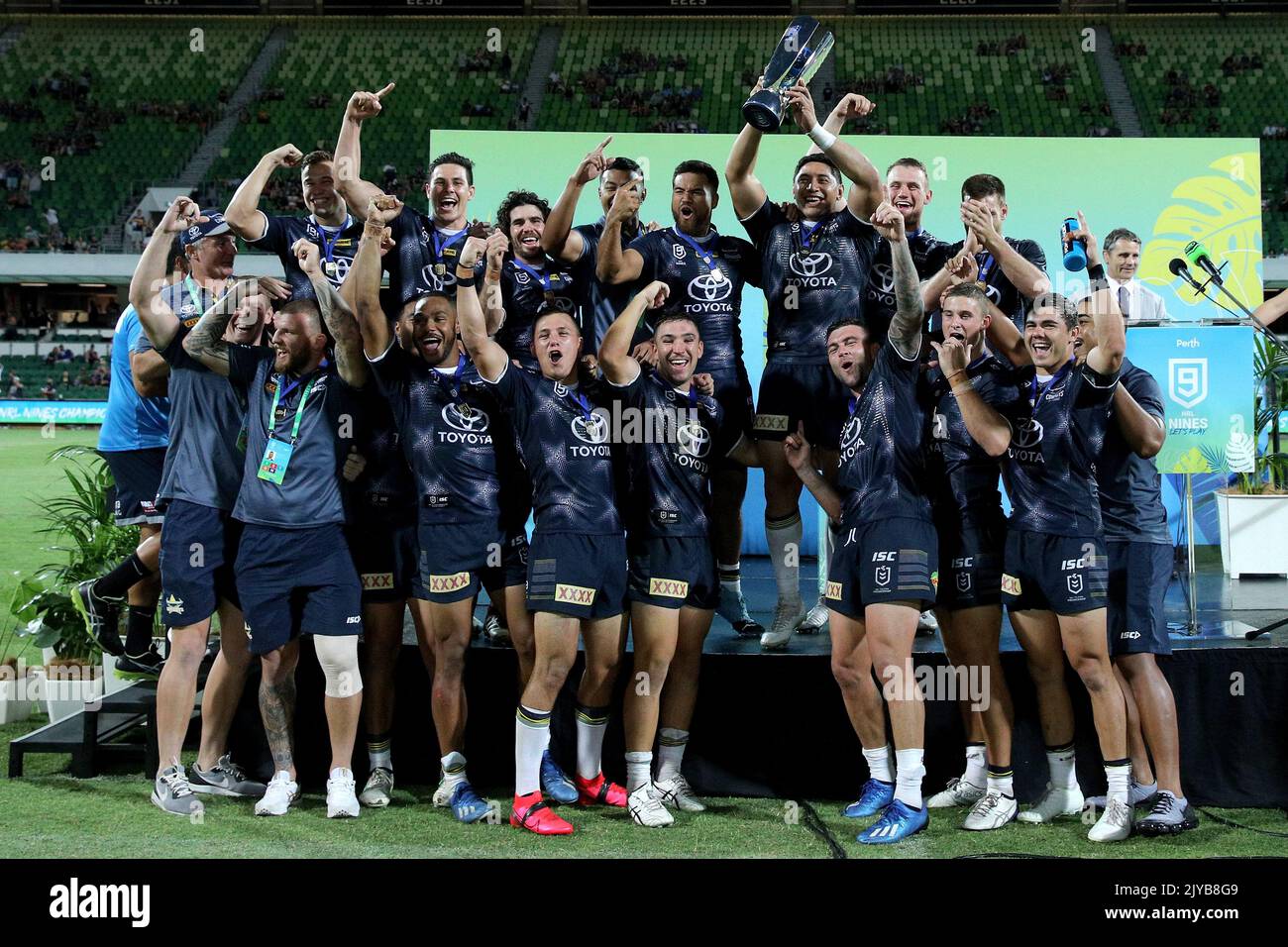 The Cowboys celebrate winning the NRL Nines 2020 tournament at HBF Park ...