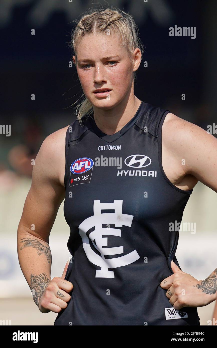 Tayla Harris of the Blues looks dejected after defeat during the Round ...