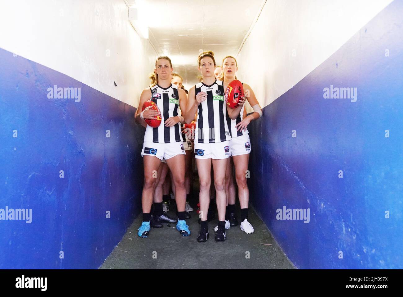 Stephanie Chiocci of the Magpies leads the team out during the Round 2 ...