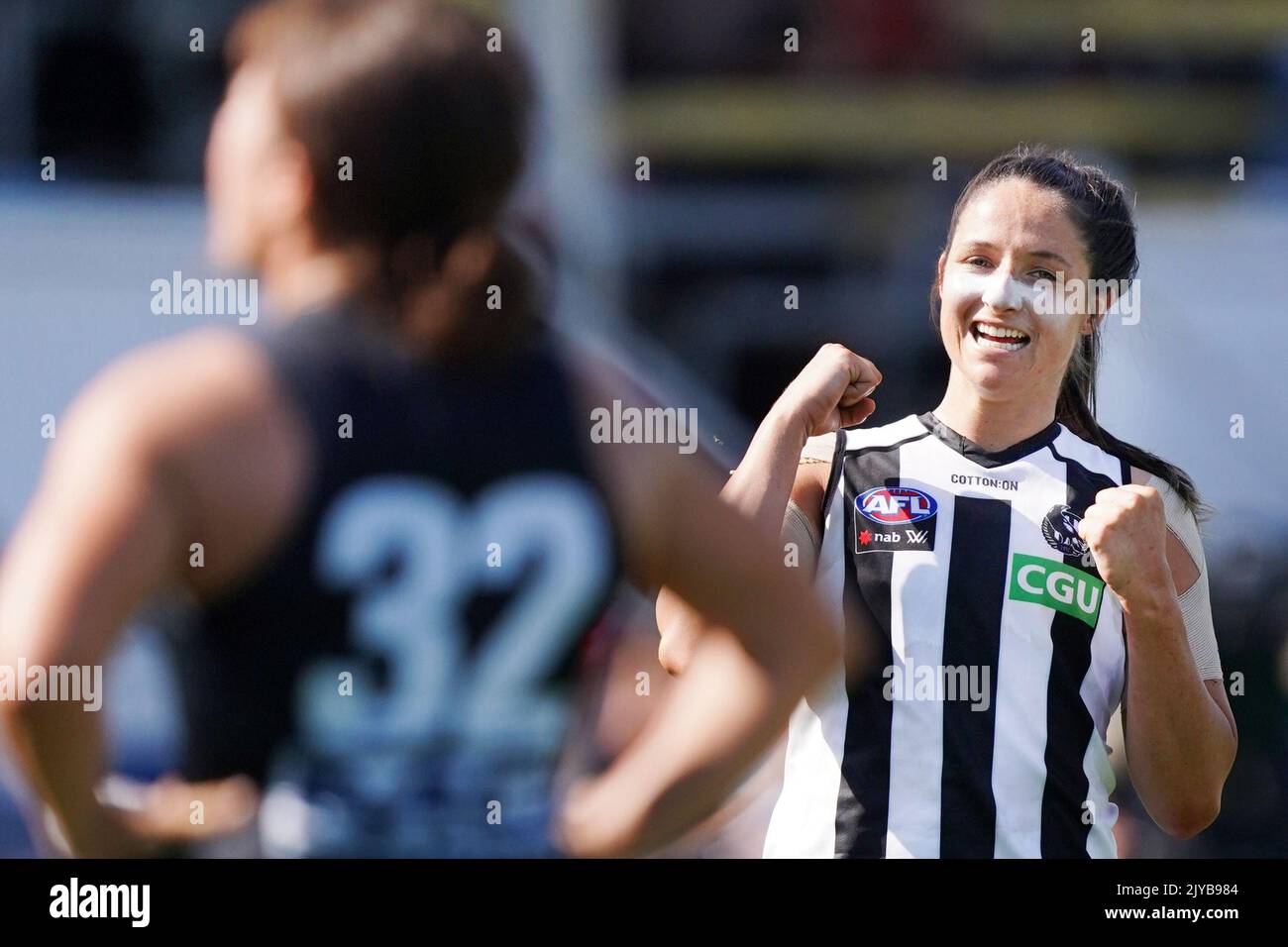 Jordan Membrey of the Magpies celebrates a goal during the Round 2 AFLW ...
