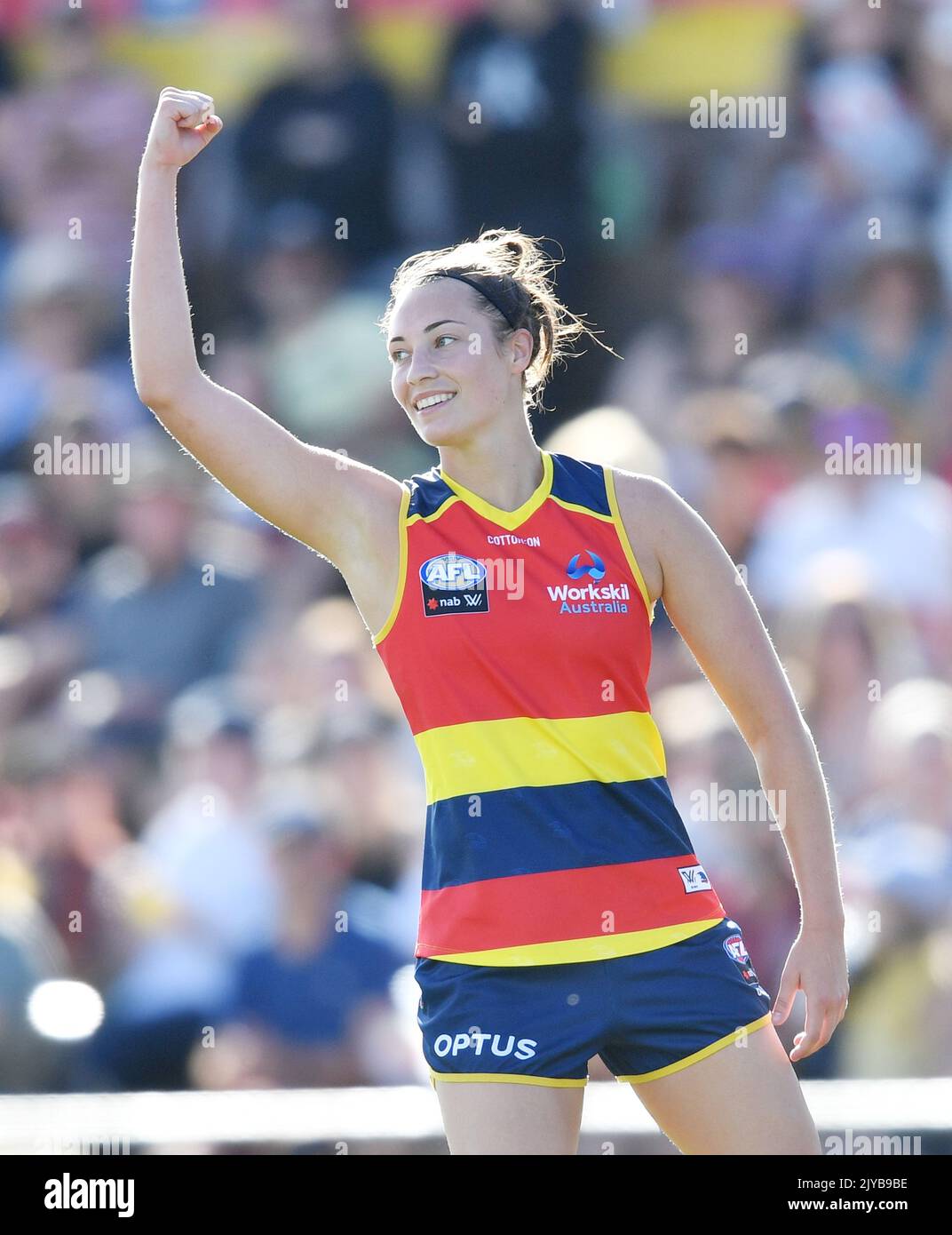 Caitlin Gould of the Adelaide Crows celebrates a goal during the Round ...
