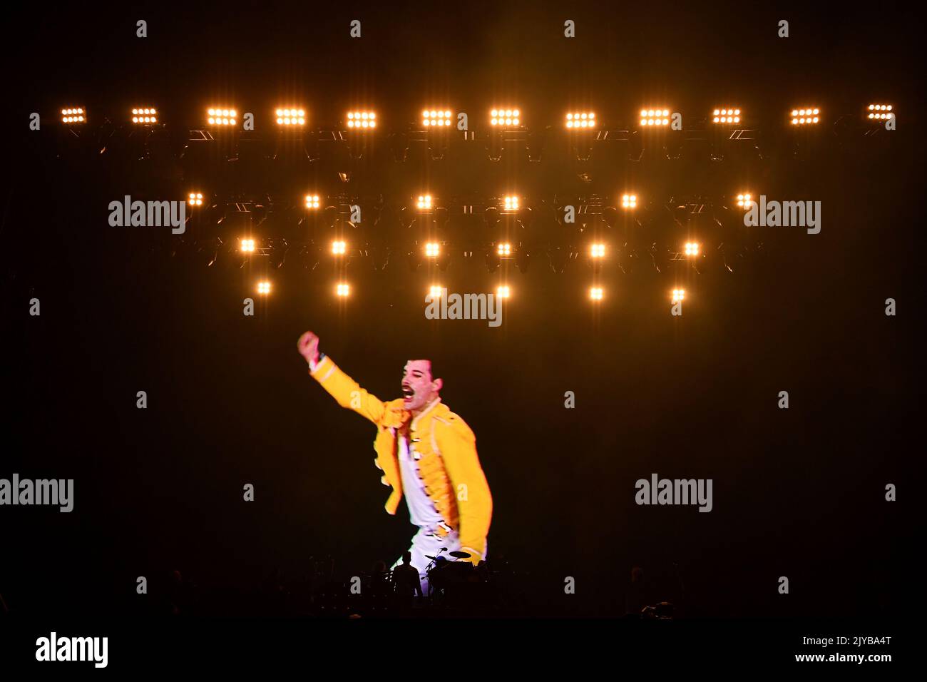 A video showing Freddie Mercury as Queen performs during the Fire Fight ...