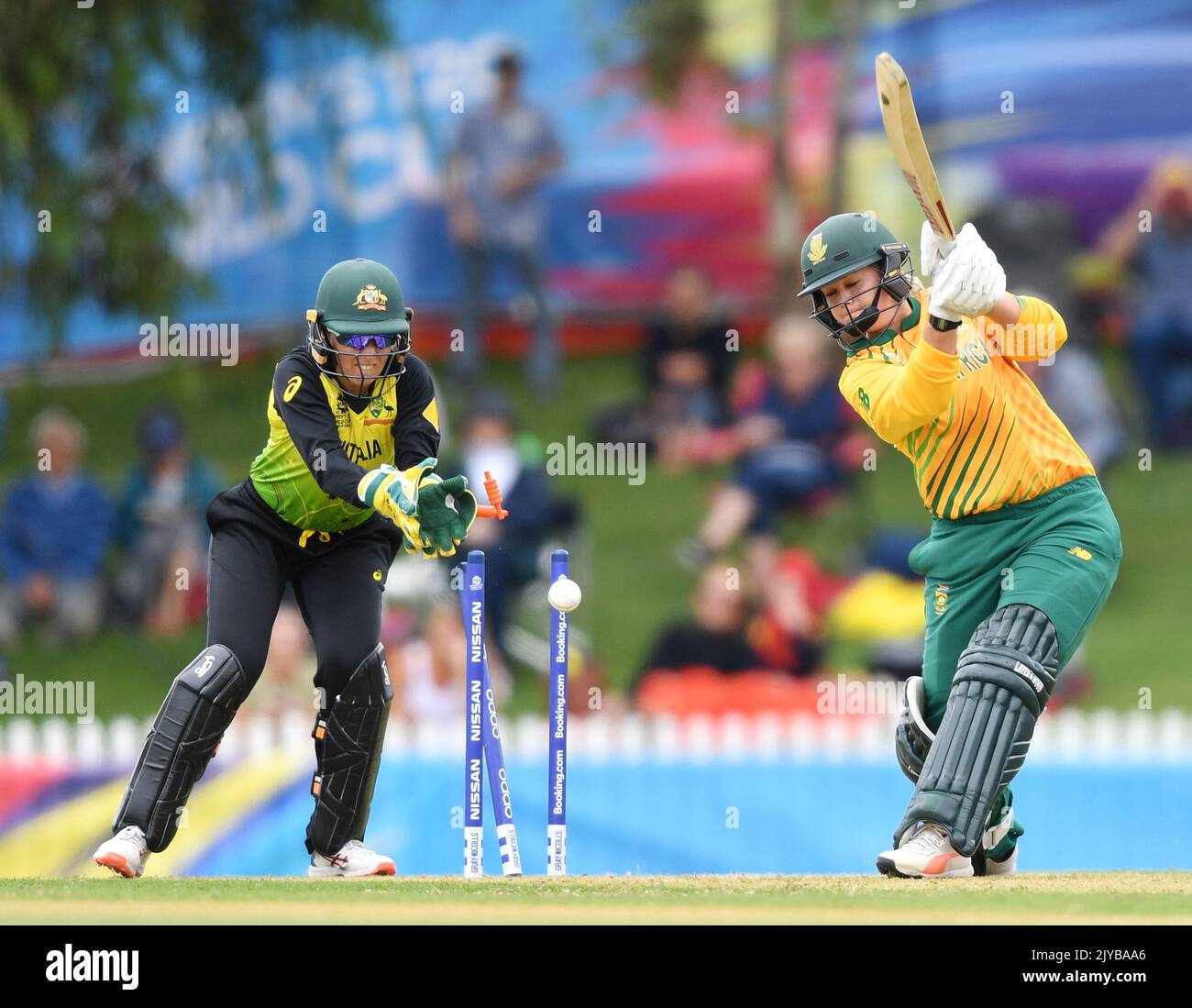 Dane Van Niekerk of South Africa is bowled out by Delissa Kimmince of ...