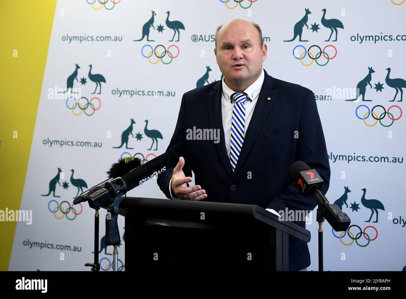 Deaf Australian Olympic decathlete Dean Barton-Smith speaks during the ...