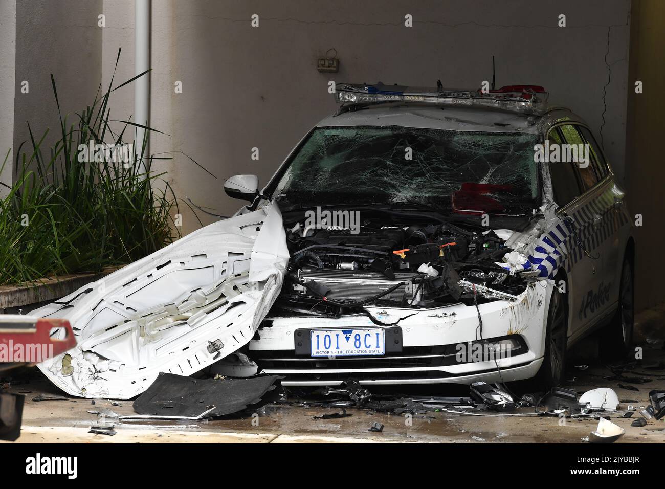 A damaged police car is seen after an incident at the Reservior police ...