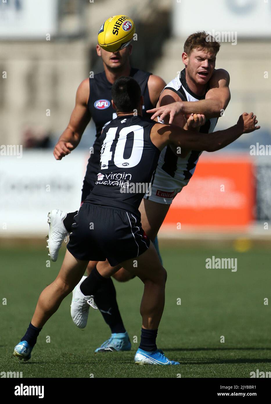 Adam Taylor of the Magpies in action during the AFL pre-season hitouts ...