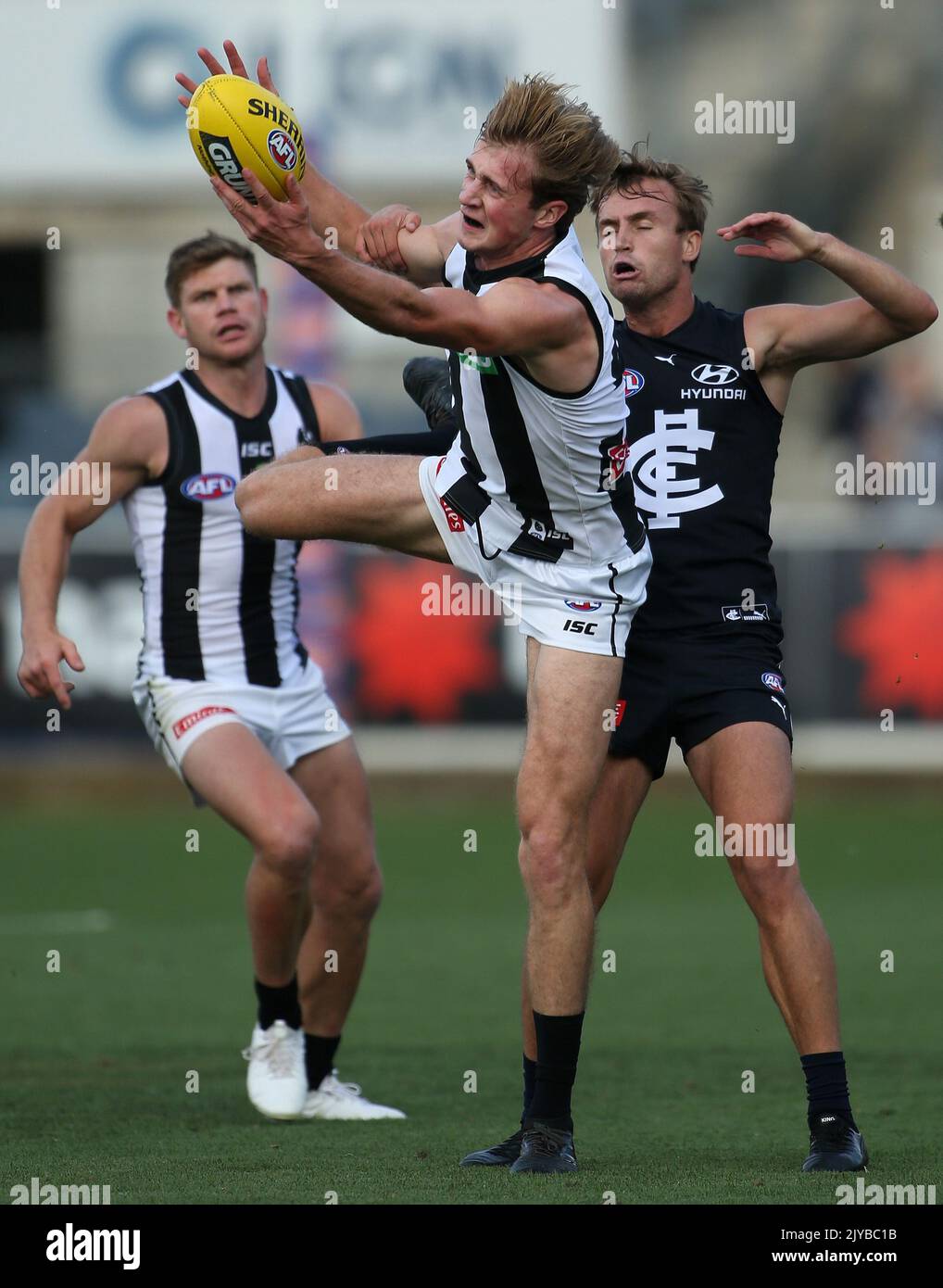 Anton Tohill of the Magpies in action during the AFL pre-season hitouts ...
