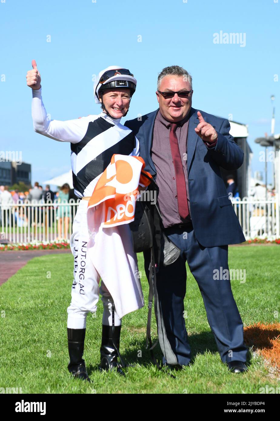 Jockey Linda Meech poses with Trainer Chris Meagher after riding Pippie ...