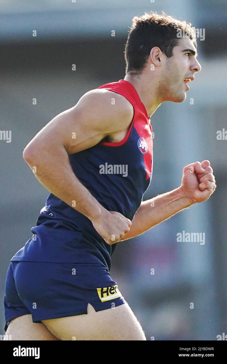 Christian Petracca of the Demons celebrates a goal during the AFL Marsh ...