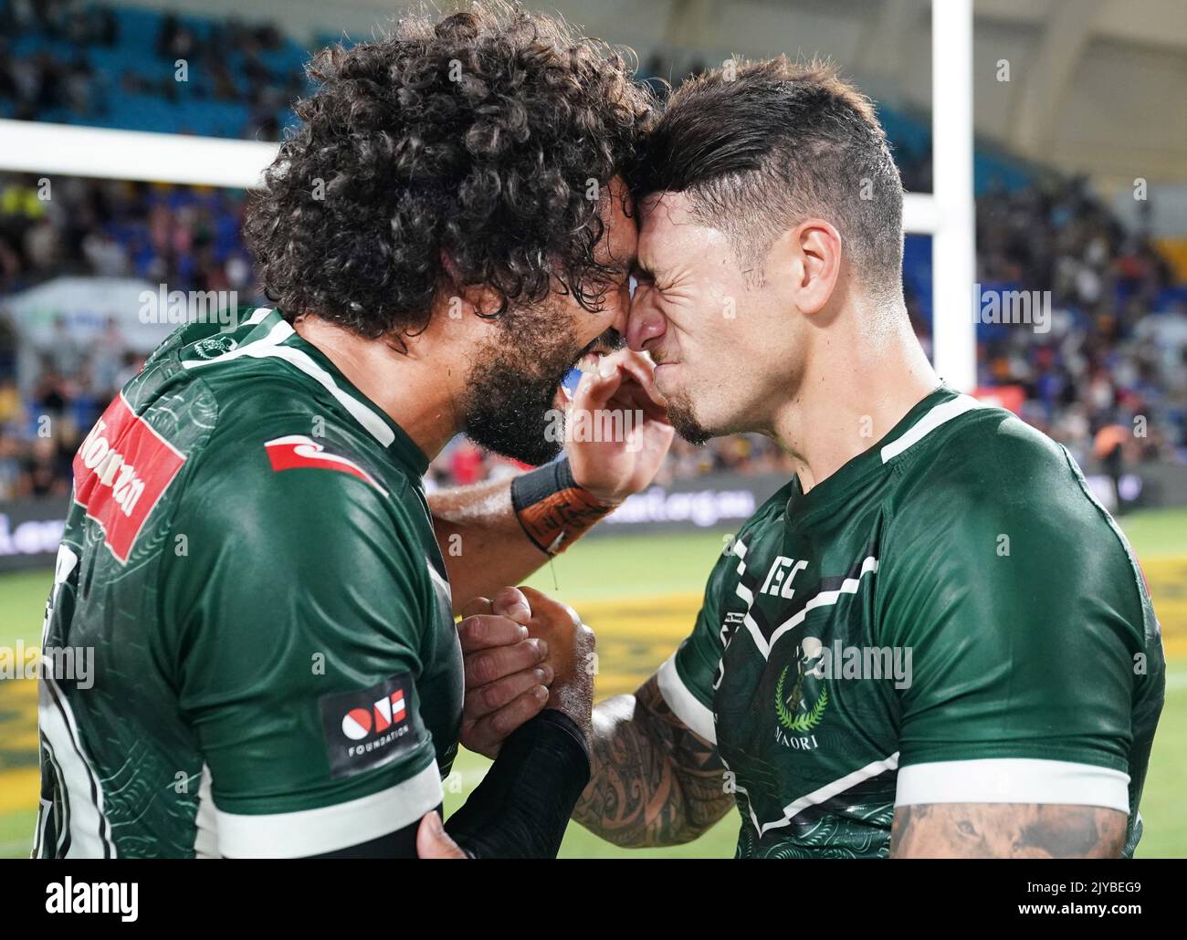Adam Blair of the Maori Kiwis celebrates the win with Jordan Riki ...