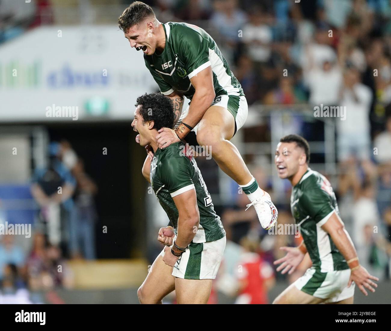 Jordan Riki jumps on Corey Harawira-Naera of the Maori Kiwis after the ...