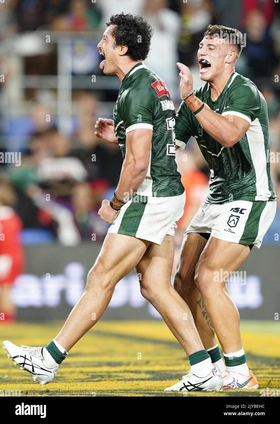 Jordan Riki jumps on Corey Harawira-Naera of the Maori Kiwis after the ...