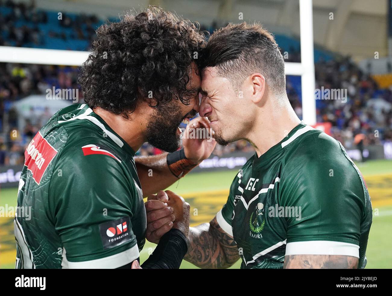 Adam Blair and Jordan Riki of the Maori Kiwis celebrate following the ...