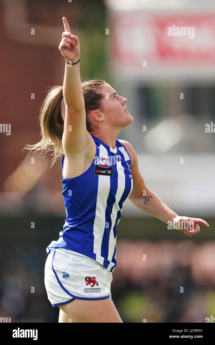 Daisy Bateman of the Kangaroos celebrates a goal during the Round 3 ...