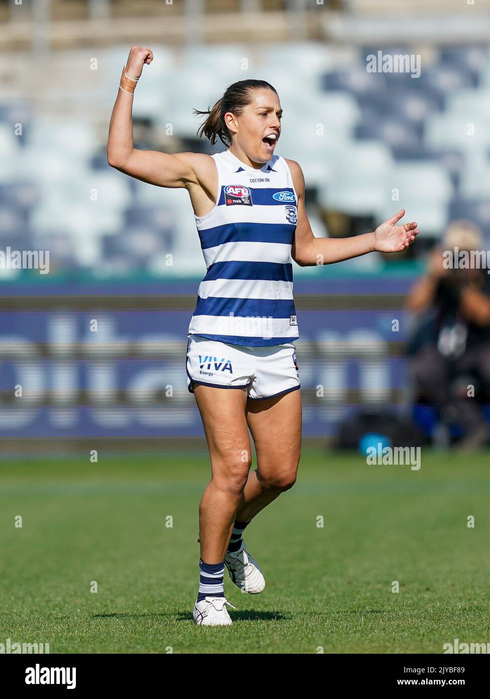 Danielle Higgins of the Cats celebrates a goal during the Round 3 AFLW ...