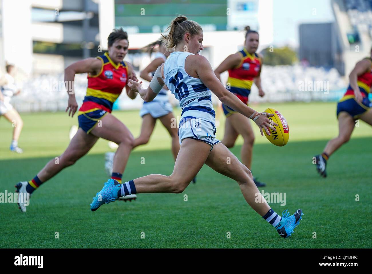 Olivia Purcell of the Cats kicks the ball during the Round 3 AFLW match ...