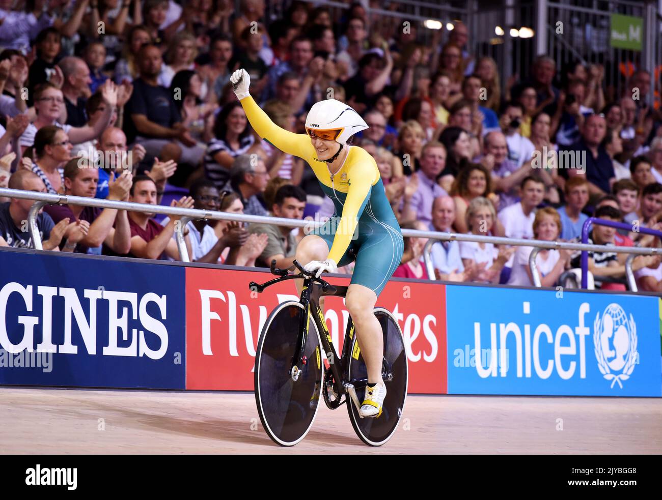 Australian cyclist Anna Meares celebrates her win in the track cycling ...