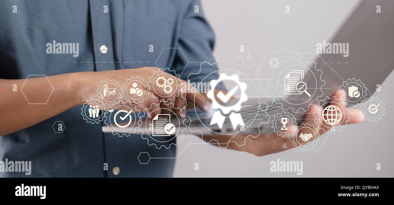 Quality control concept based on ISO standards, assurance warranty ...