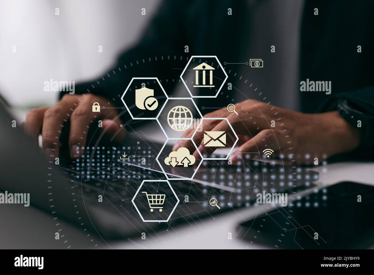 Cloud computing and technology symbols are hand-touched infographic. Cloud technology collects ...