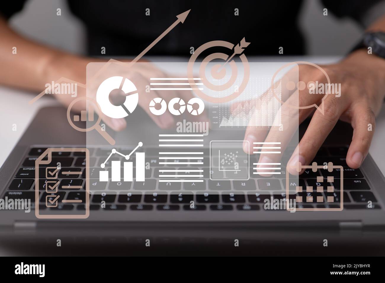 Financial Report. Laptop with graphs and charts on the screen ...