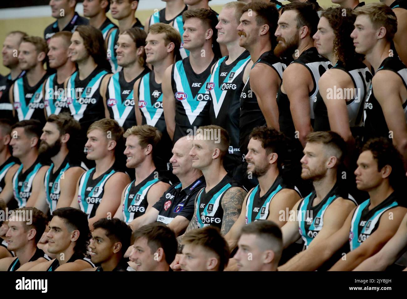 AFL Port Adelaide players poses for a team photo at the Port Adelaide ...
