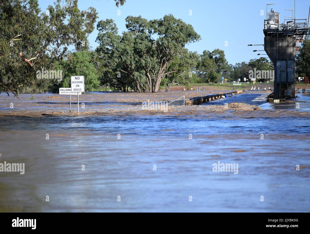 The swollen Balonne river floods the Andrew Nixon bridge in St George ...