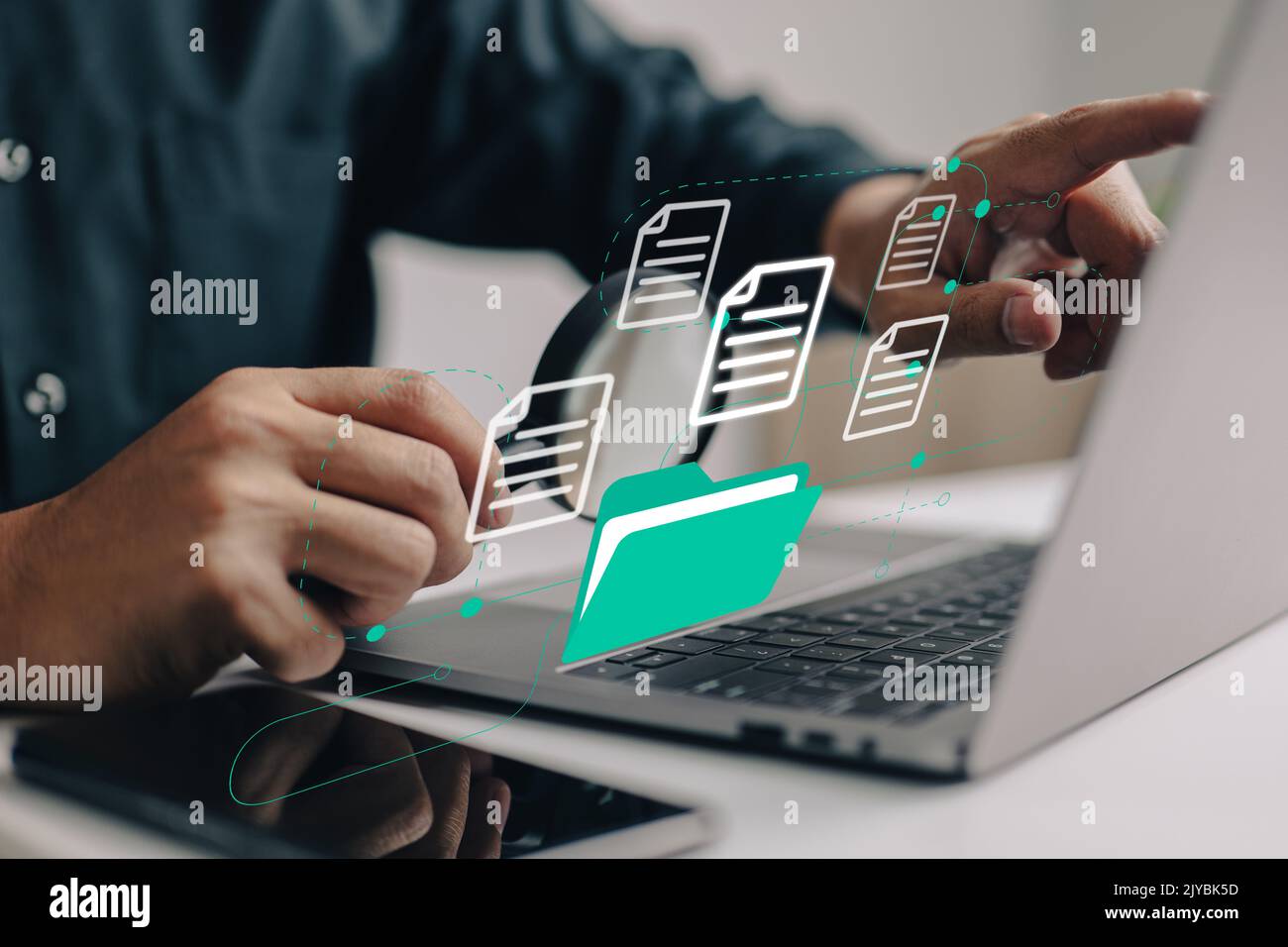 Data analytics, annual report, result checking. Man with magnifying ...