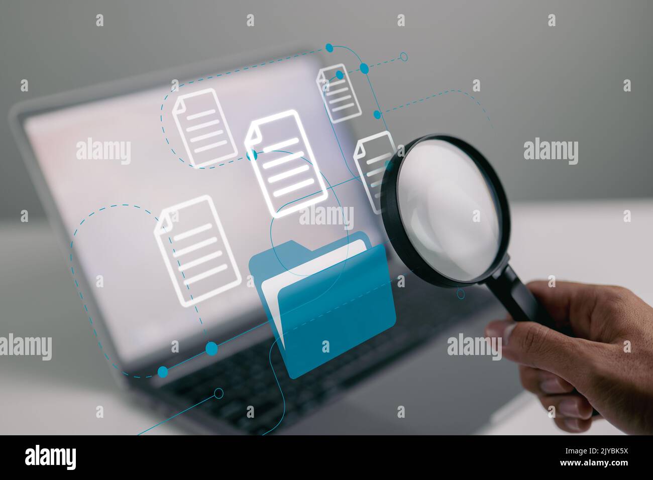 Electronic online doc. Man with magnifying glass. Data analytics ...
