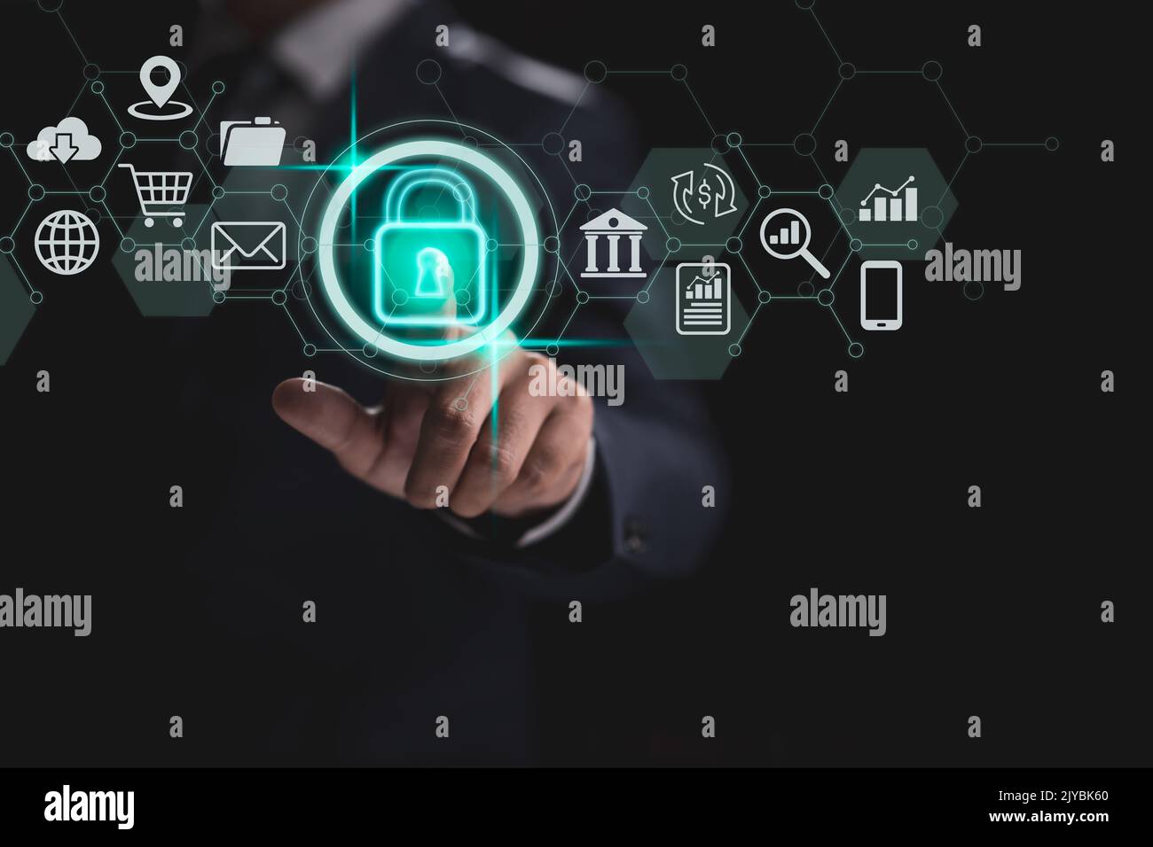 Cybersecurity and privacy to safeguard data. Lock symbol and network ...