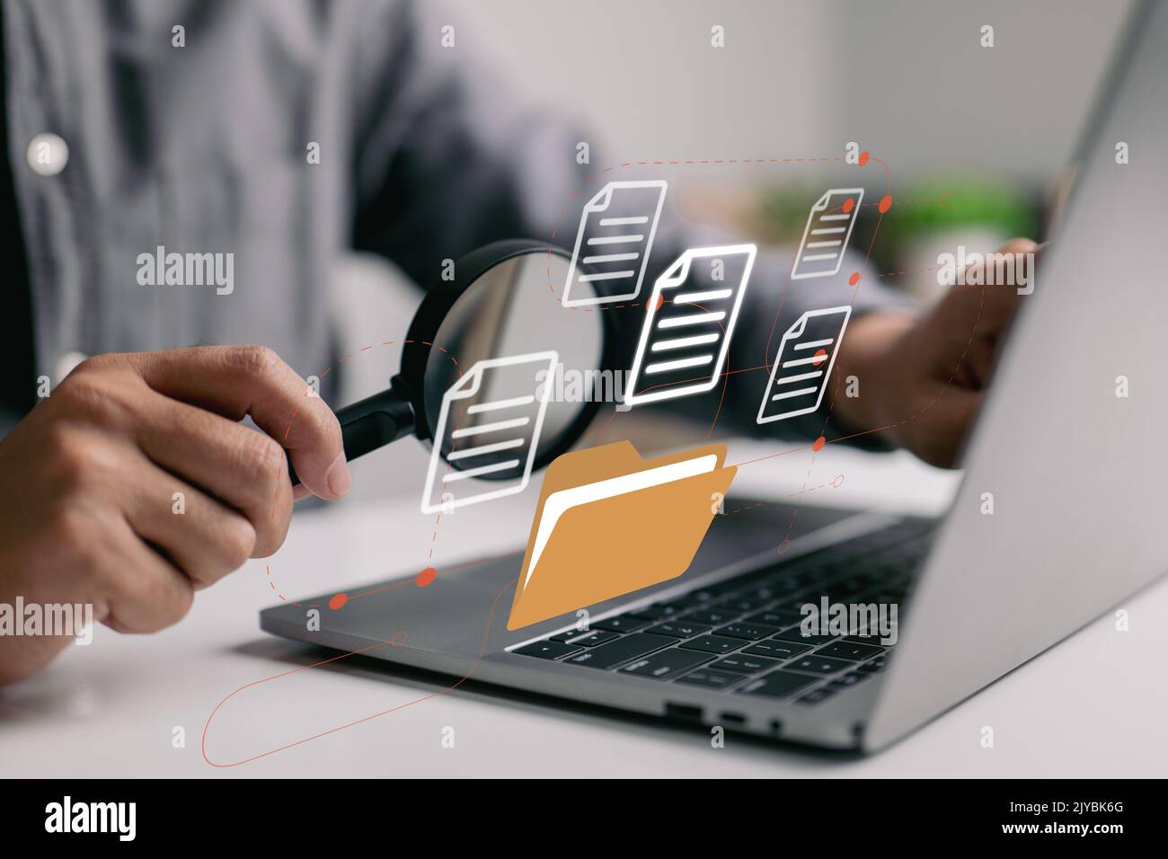 Man With Magnifying Glass Business Documents Scanning Electronic Online Doc Data Analytics