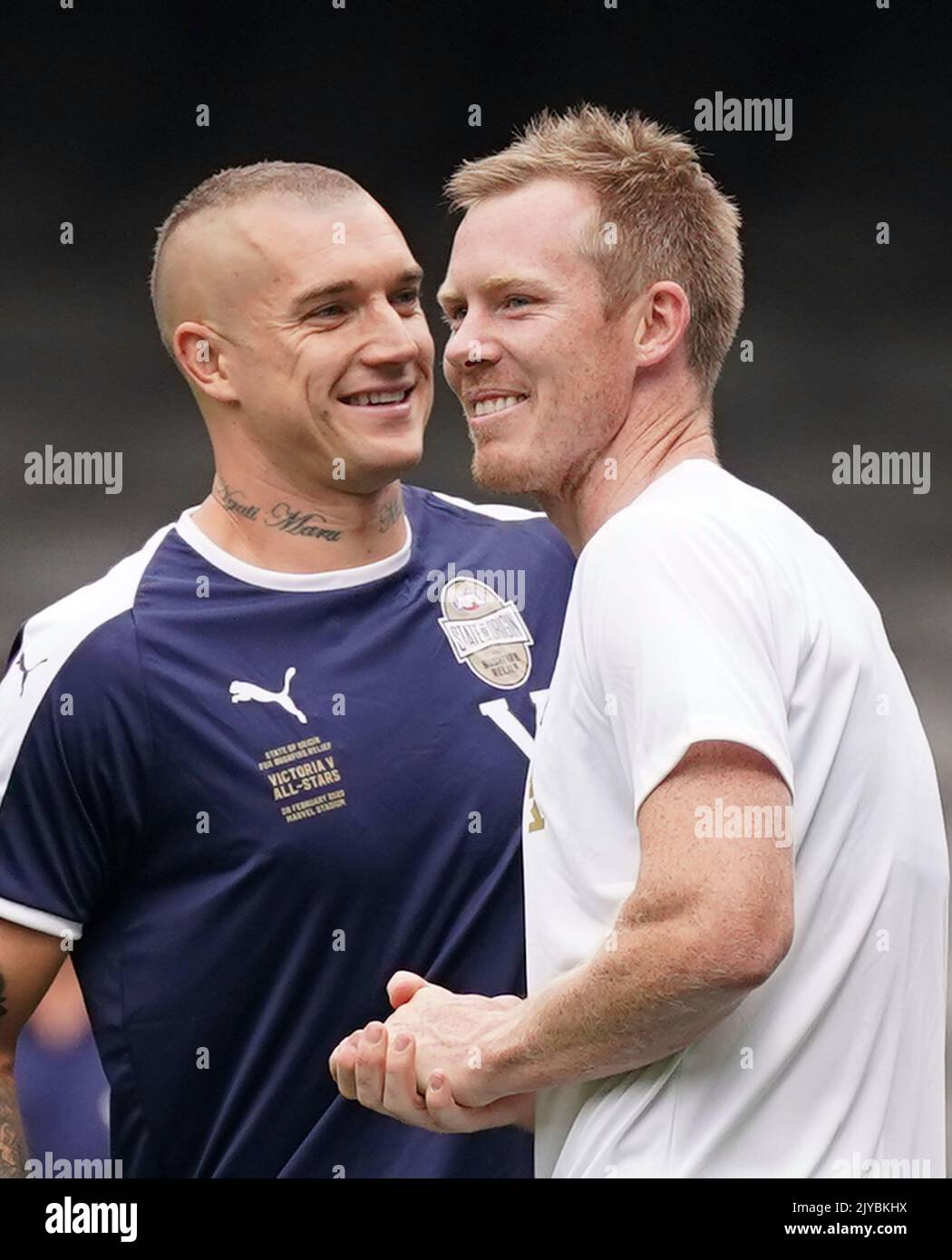 Dustin Martin of Victoria talks to Jack Riewoldt of the All-Stars ...