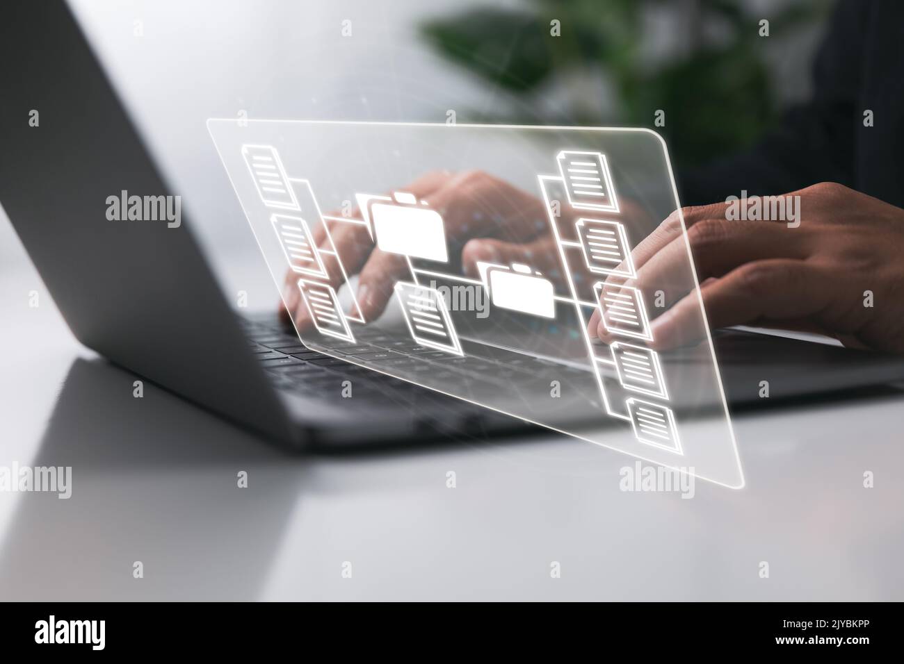 Online document database and system idea. Businessman utilizing laptop ...