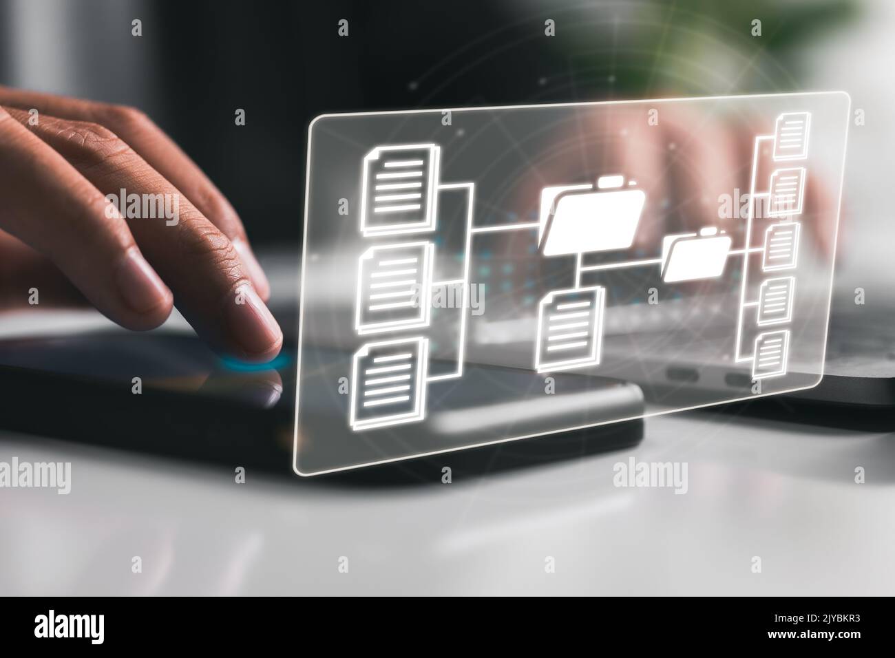 Online document management and database. Businessman utilizing laptop ...