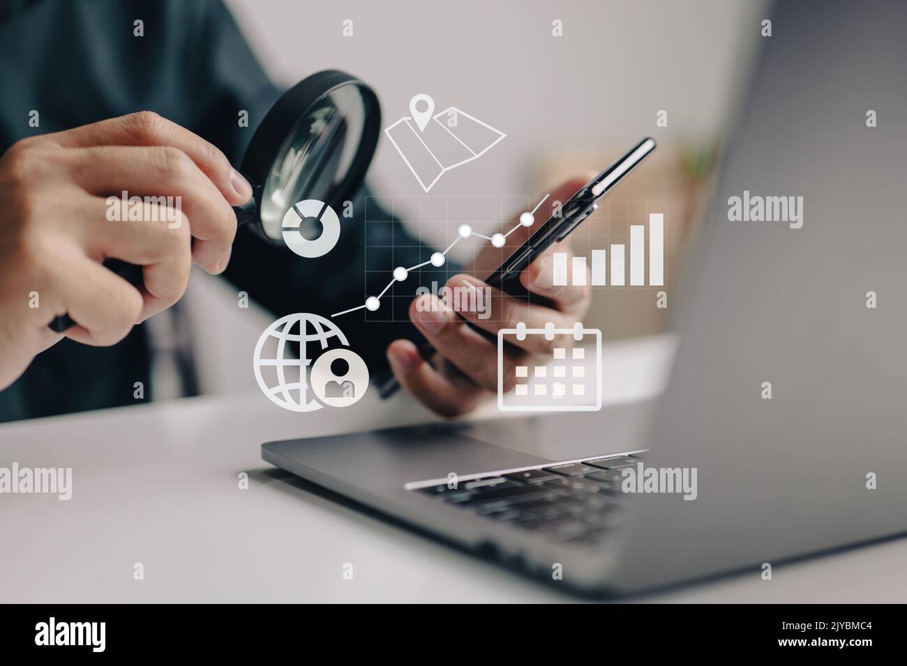 Analyzing graphs and charts with a magnifying glass, a smart business ...