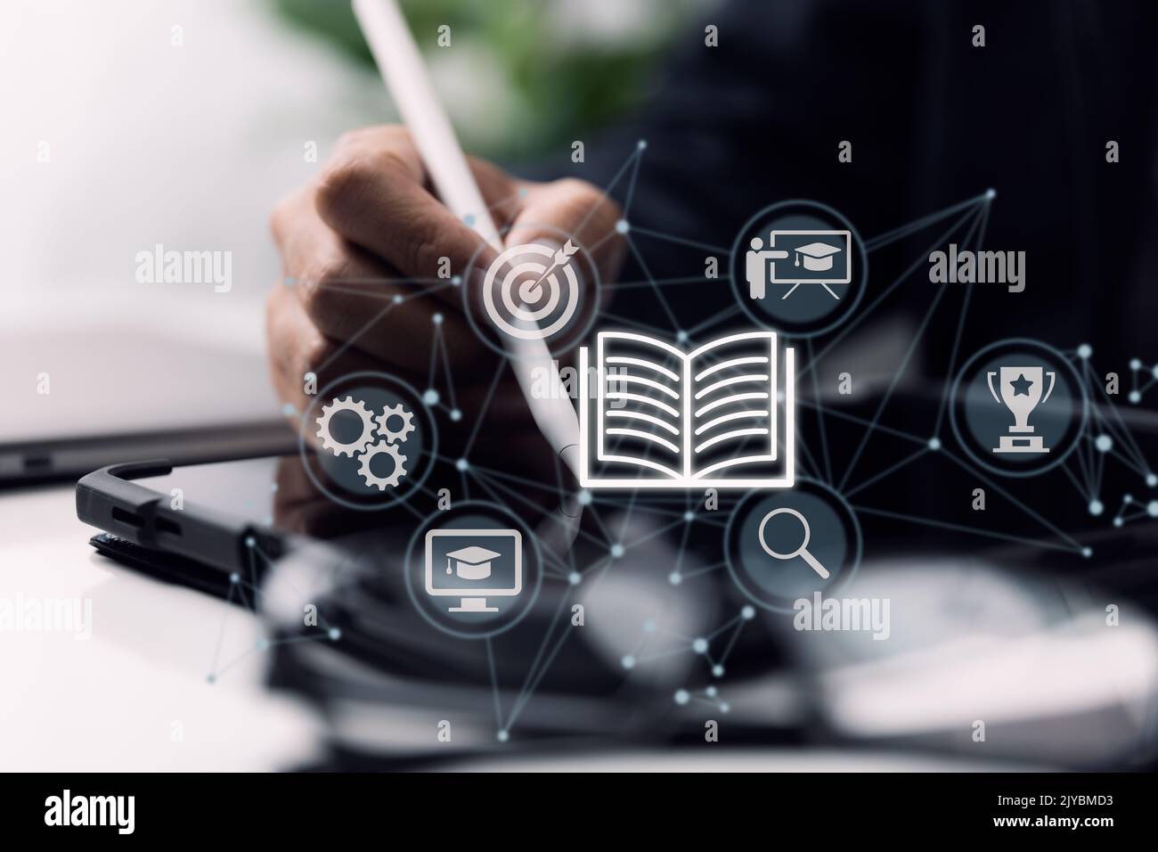 Concept of distance learning, learning online through webinars, video ...