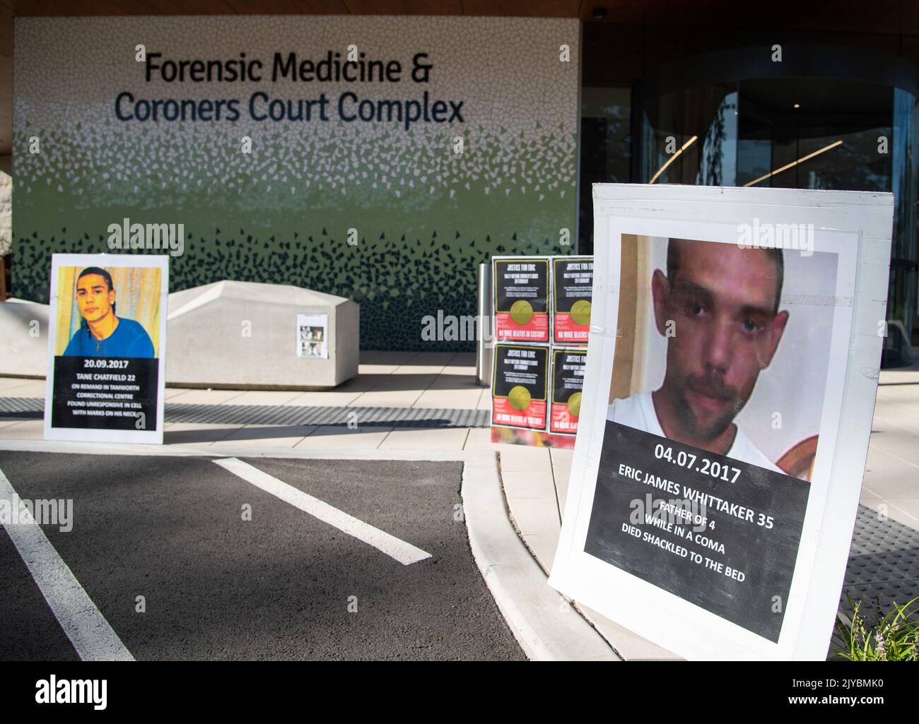 A placard highlighting the death of Eric Whittaker seen outside the ...