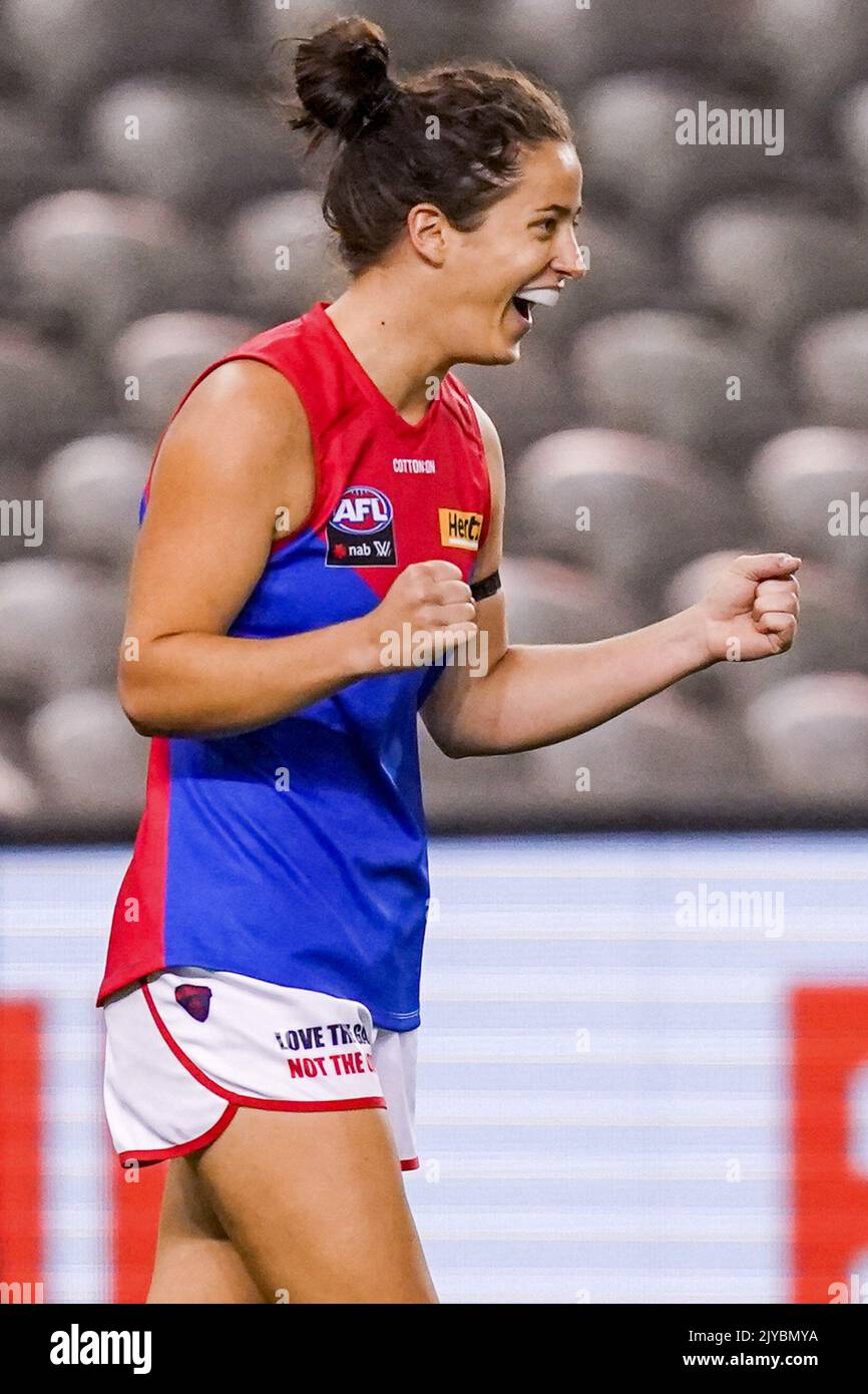 Jacqueline Parry of the Demons celebrates kicking a goal during the ...