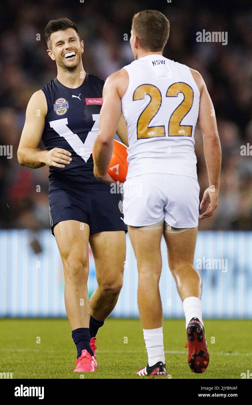 Trent Cotchin of Victoria react at Luke Breust of the Allstars during ...