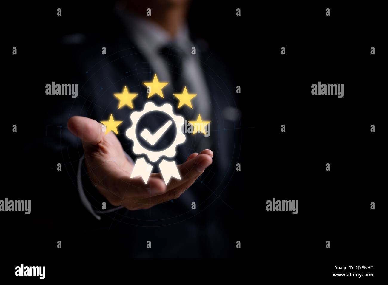 The hand represents top service quality assurance, guarantee, standards ...