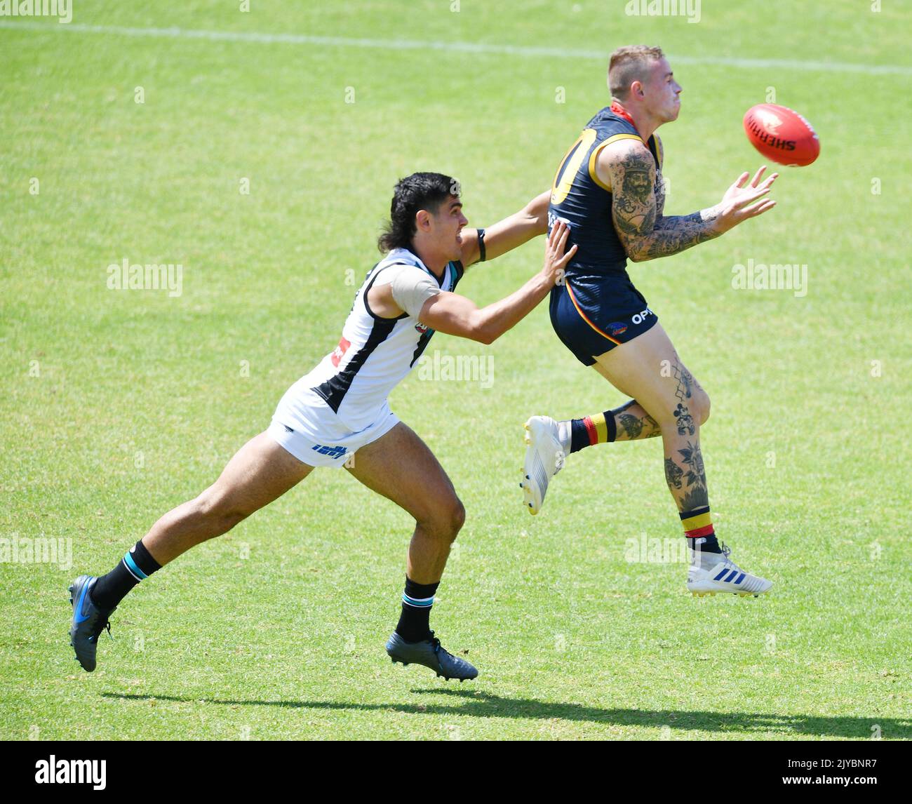 Ben Crocker of the Crows and Joel Garner of the Power contest the ball ...