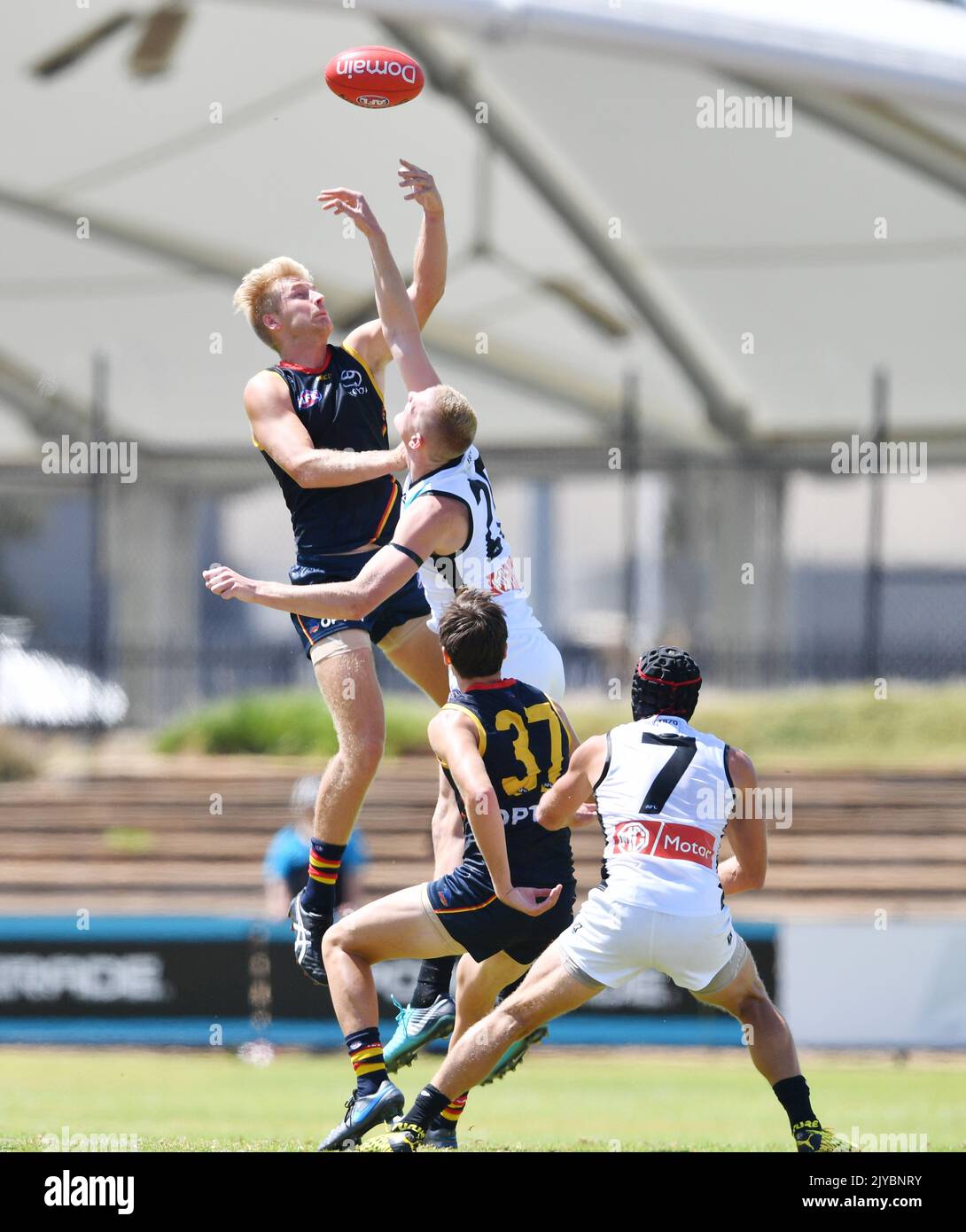 Billy Frampton of the Crows and Sam Hayes of the Power contest the ruck ...
