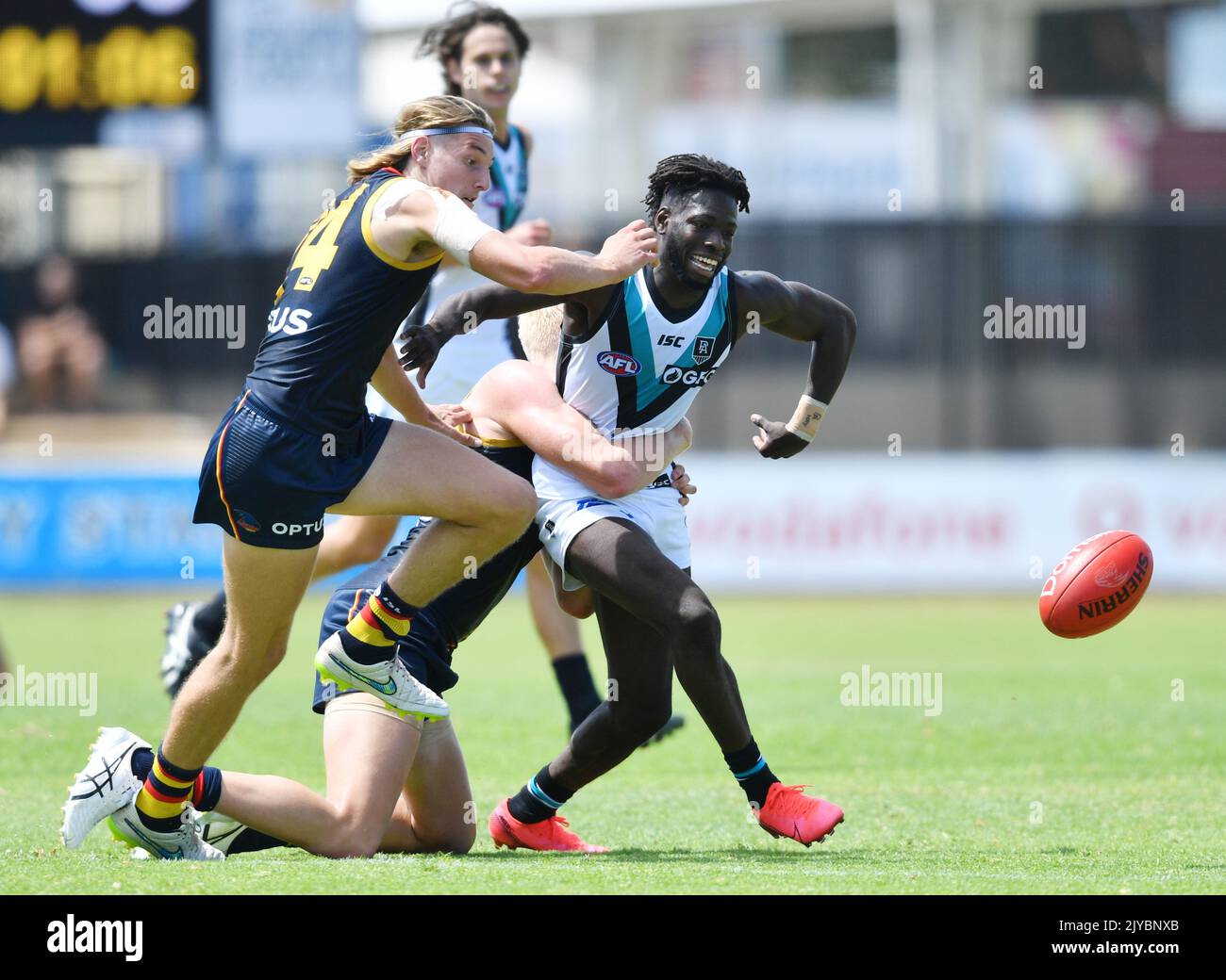 Ben Worrell of the Crows and Martin Frederick of the Power contest the ...
