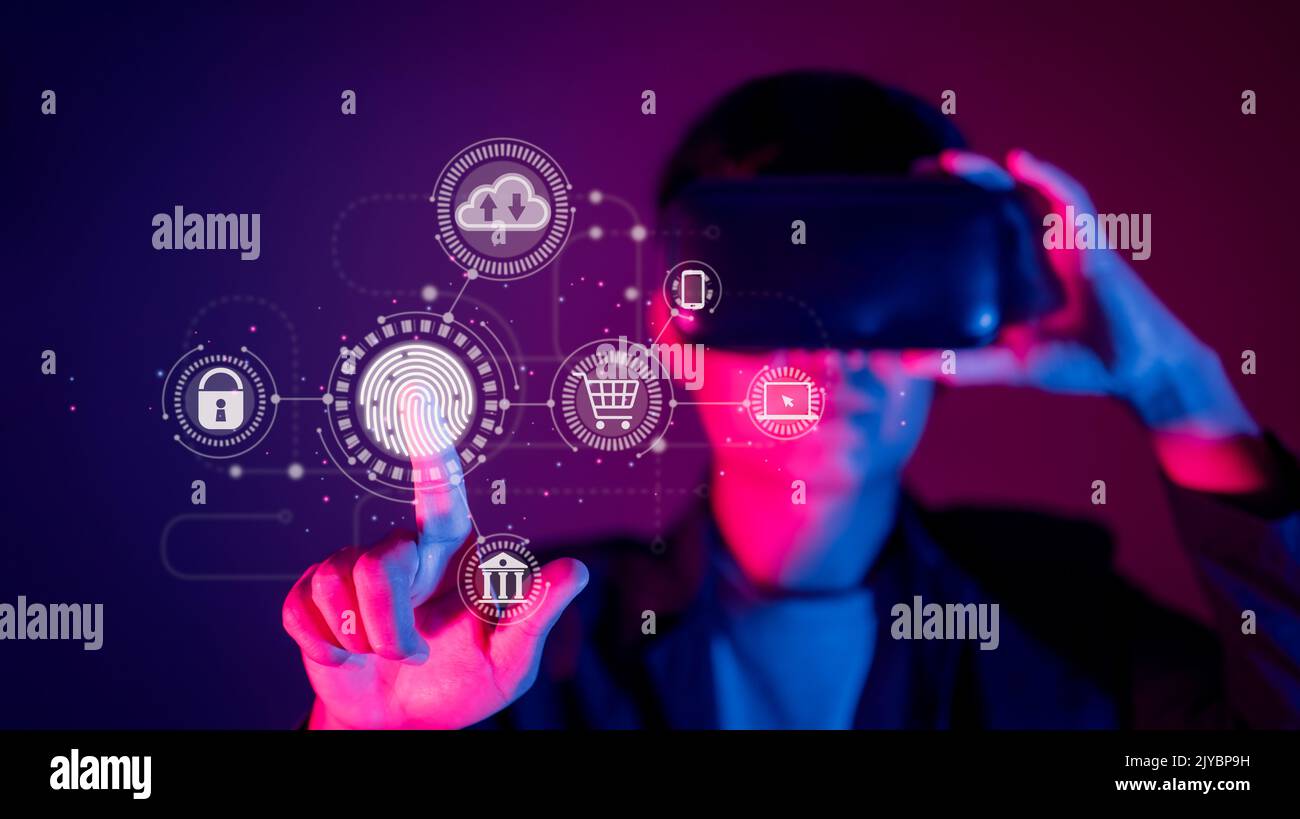 A man use VR Virtual Reality, touching fingerprint scan provides ...